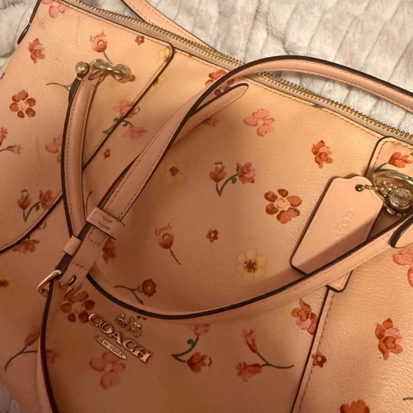Coach | Bags | Coach Pink Floral Tote Bag With Gold Accents | Poshmark